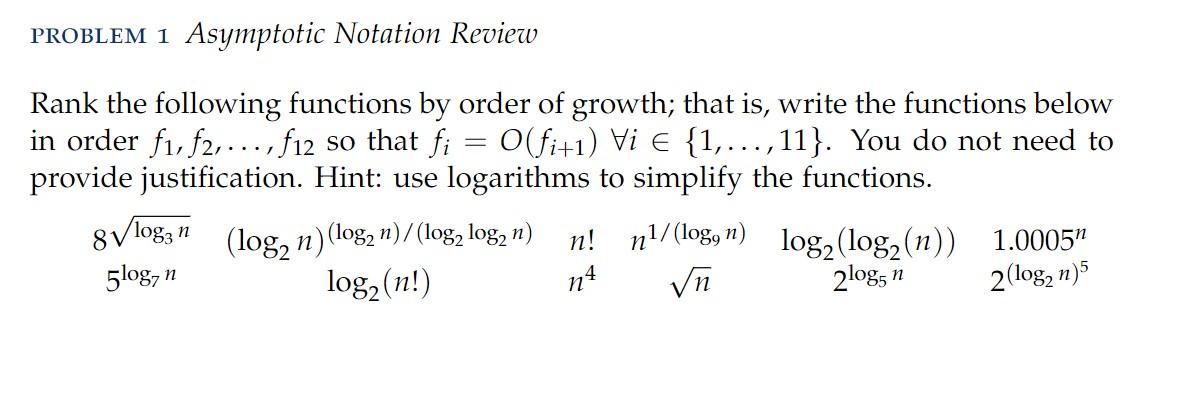 Solved PROBLEM 1 Asymptotic Notation Review Rank the | Chegg.com