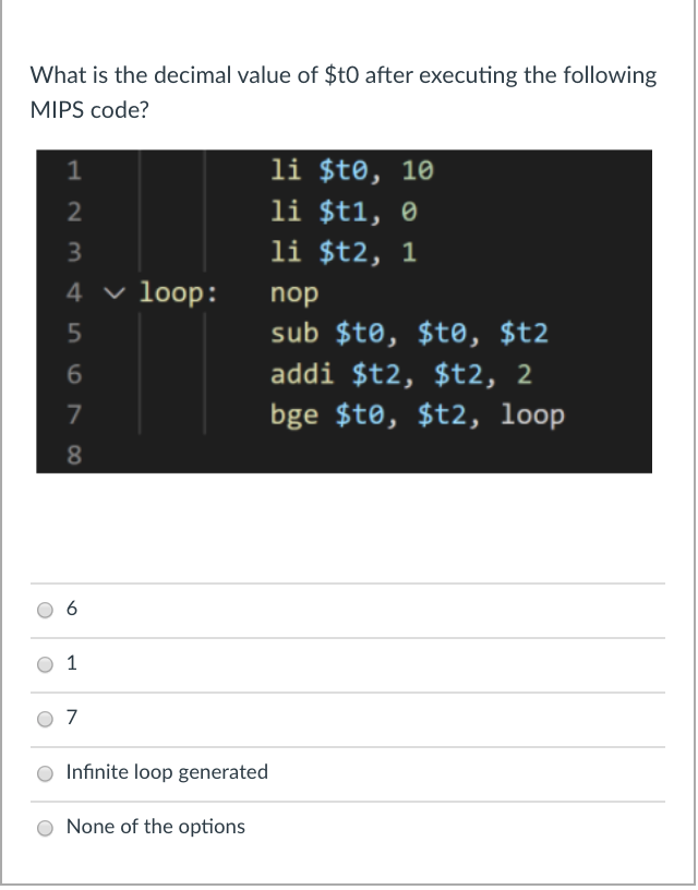 Solved What is the decimal value of $t0 after executing the | Chegg.com