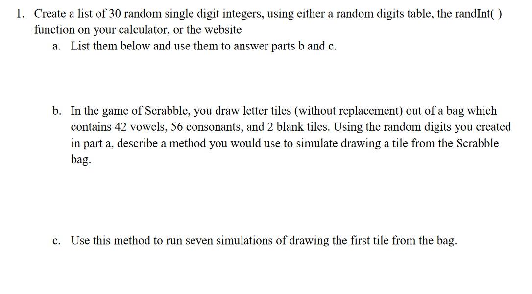 1 Create A List Of 30 Random Single Digit Integers