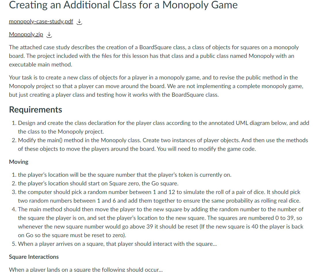 Solved Creating an Additional Class for a Monopoly Game | Chegg.com
