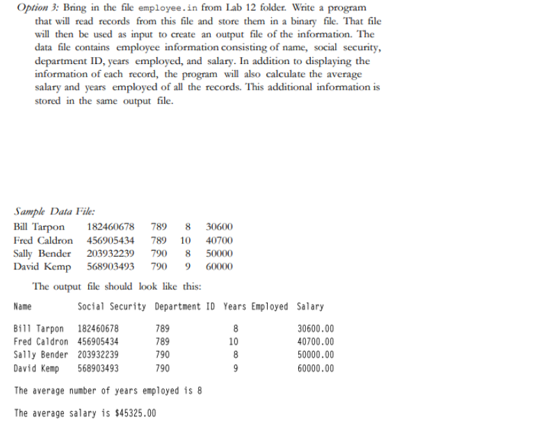 Option 3: Bring in the file employee.in from Lab 12 | Chegg.com