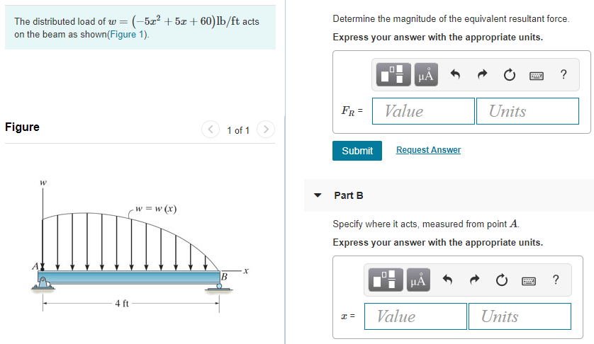 Solved The distributed load of w= (-5x² +53 +60) lb/ft acts | Chegg.com