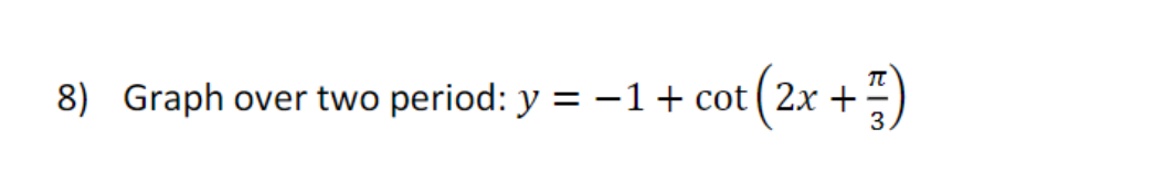 Solved 8) Graph over two period: y = –1 + cot (2x + + cot | Chegg.com