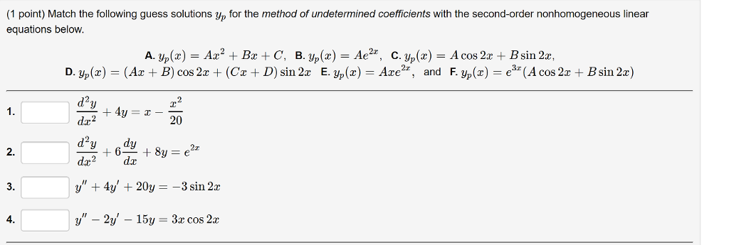 Solved (1 point) Match the following guess solutions yp for | Chegg.com