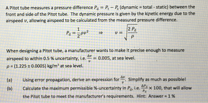 Solved A Pitot tube measures a pressure difference Pa P - P | Chegg.com