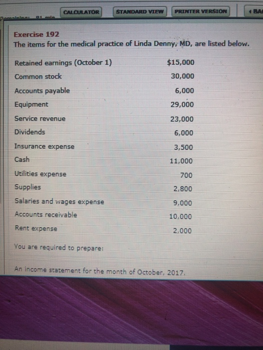 Solved CALCULATOR STANDARD VIEW PRINTER VERSION Exercise 192 | Chegg.com
