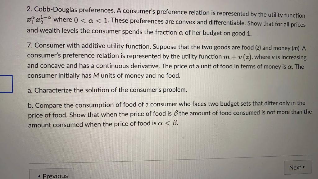 Solved 2. Cobb-Douglas preferences. A consumer's preference | Chegg.com