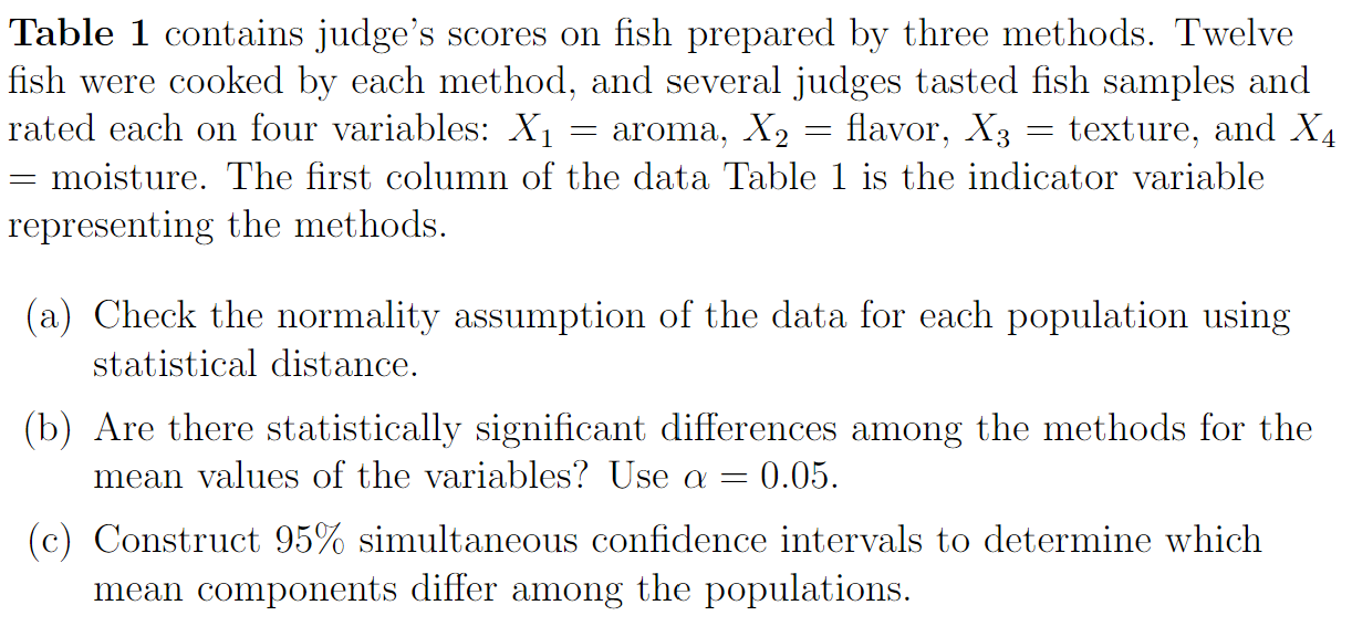 Solved Table 1 contains judge's scores on fish prepared by | Chegg.com