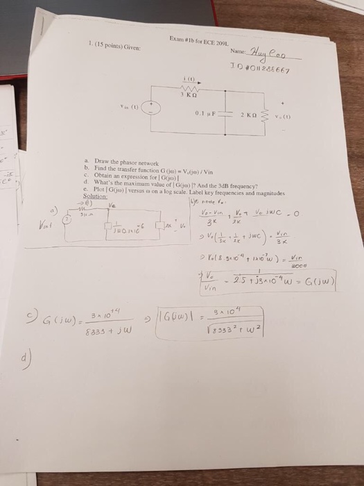Solved Given: Draw the phasor network b. Find the transfer | Chegg.com