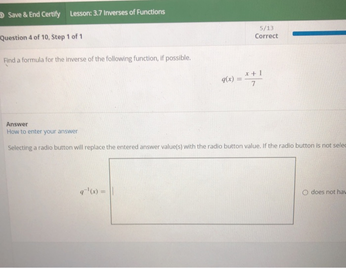 Solved D Save&End Certify Lesson: 3.7 Inverses of Functions | Chegg.com