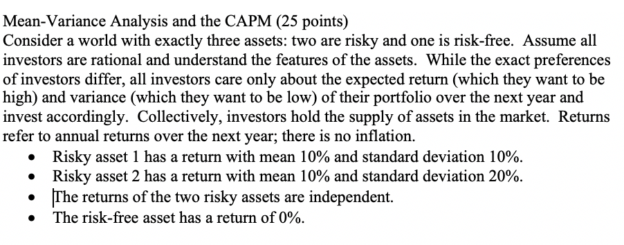 Mean-Variance Analysis and the CAPM (25 points) | Chegg.com