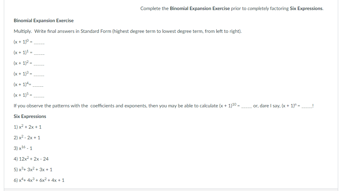 Solved Complete the Binomial Expansion Exercise prior to | Chegg.com