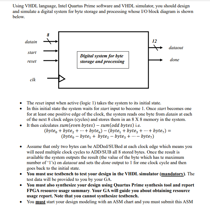Using VHDL language, Intel Quartus Prime software and | Chegg.com