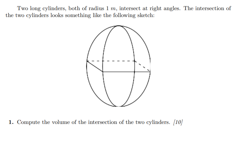 Solved Two long cylinders, both of radius 1 m, intersect at | Chegg.com