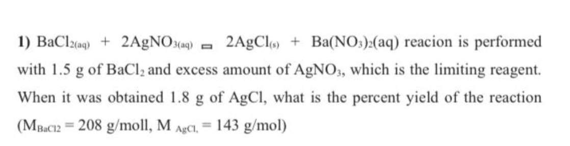 Solved 1) BaCl2(aq) + 2AgNO3(aq) + 2AgCl + Ba(NO3)2(aq) | Chegg.com
