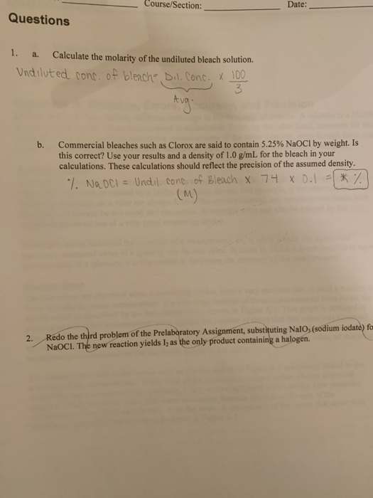 Solved Course/Section: Date: Questions 1. a. Calculate the | Chegg.com