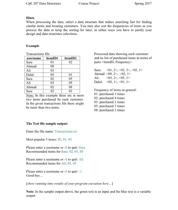 Spring 2017 CpE 207 Data Structures Course Project | Chegg.com