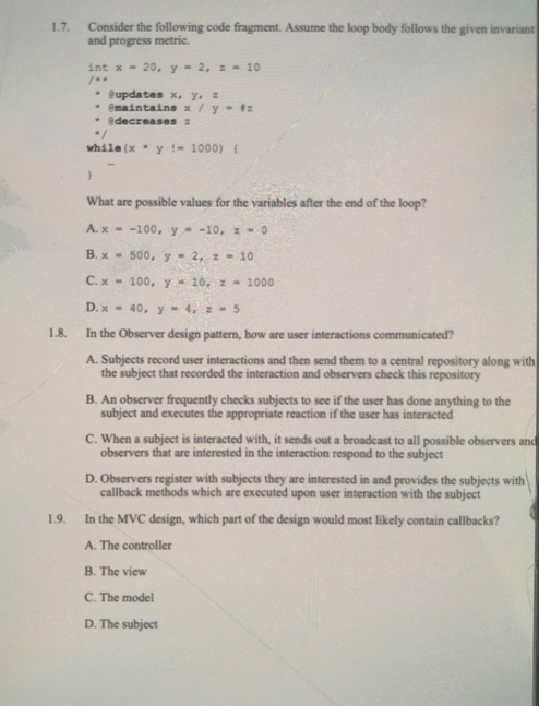 Solved 1 7 Consider The Following Code Fragment Assume The