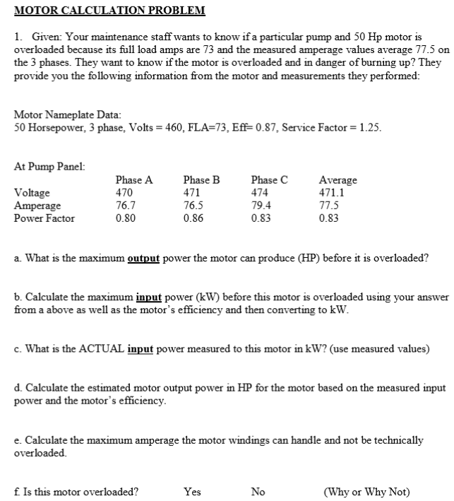 MOTOR CALCULATION PROBLEM 1. Given: Your maintenance | Chegg.com