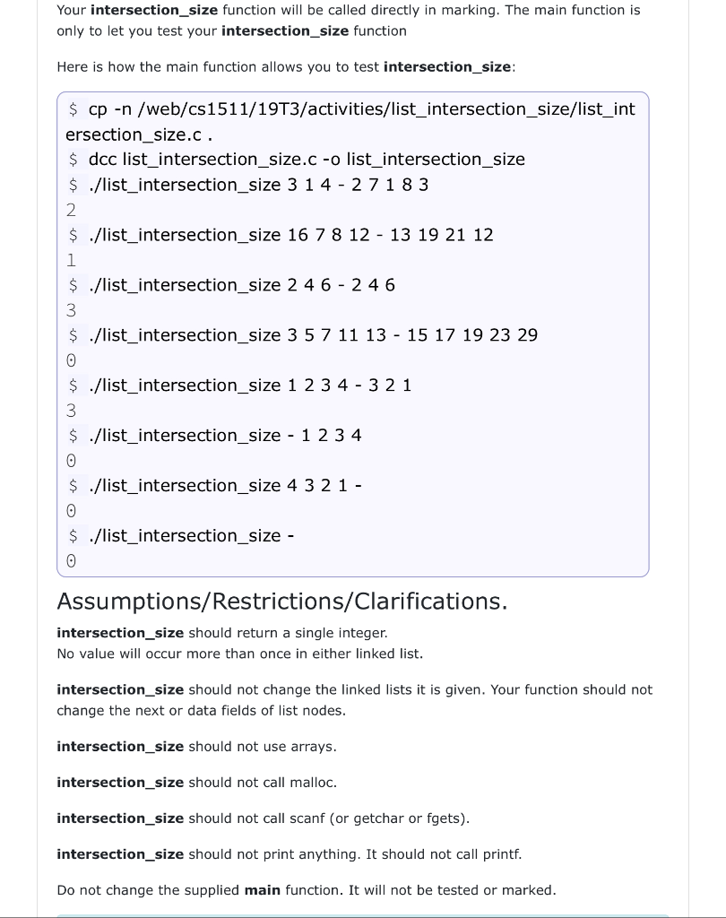 Solved Your intersection_size function will be called | Chegg.com