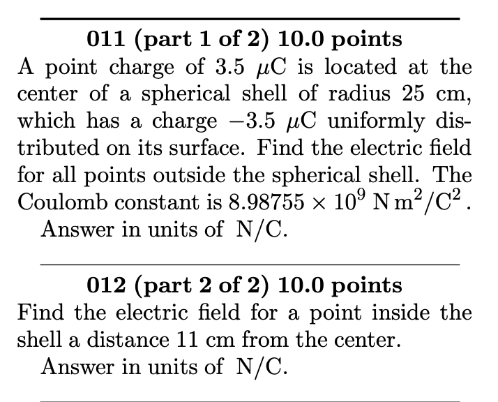 Solved 011 (part 1 of 2 ) 10.0 points A point charge of | Chegg.com