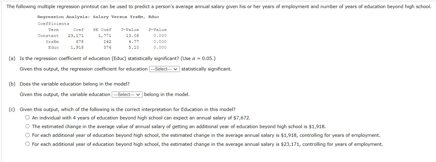 Solved The following multiple regression printout can be | Chegg.com