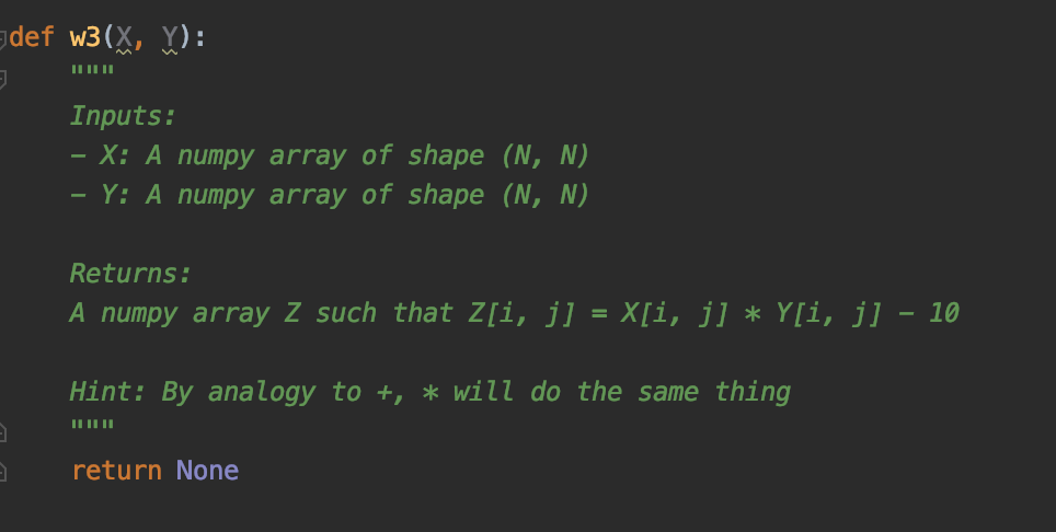 Solved def w3(X, Y): TUOTI - Inputs: - X: A numpy array of | Chegg.com