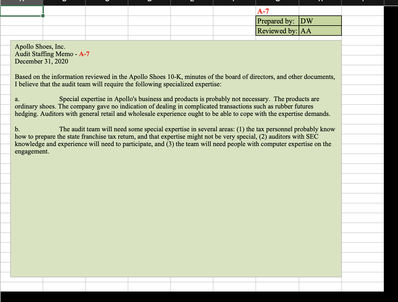 B C E F G H I A-0 1 2 3 Apollo Shoes, Inc. AUDIT | Chegg.com