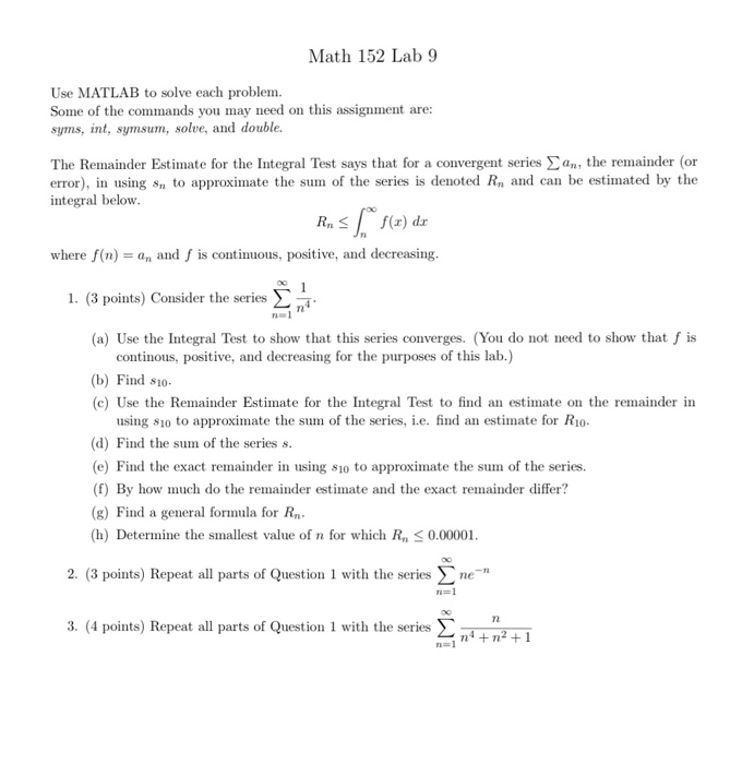 Solved Math 152 Lab 9 Use MATLAB to solve each problem. Some | Chegg.com