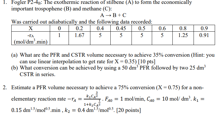 Solved 1. Fogler P2-4B: The exothermic reaction of stilbene | Chegg.com Solved 1. Fogler P2-4B: The exothermic reaction of stilbene | Chegg.com