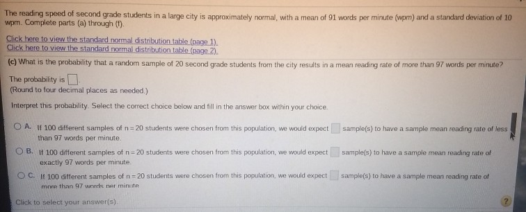 Solved The reading speed of second grade students in a large | Chegg.com