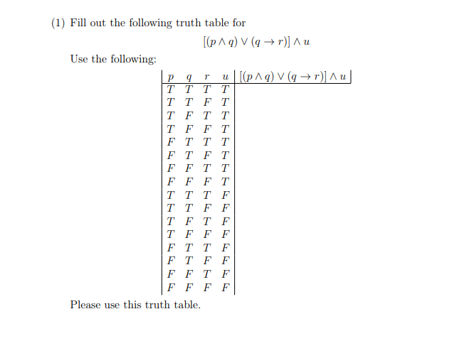 Solved (1) Fill out the following truth table for | Chegg.com