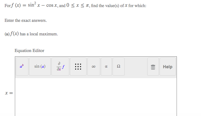 Solved Forf (x) = sin2 x-cos x, and 0 Enter the exact | Chegg.com