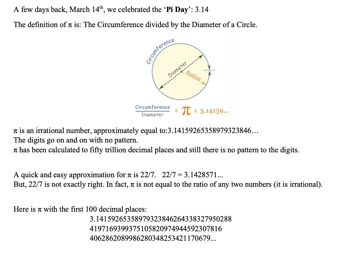 Solved A few days back, March 14th, we celebrated the ‘Pi | Chegg.com