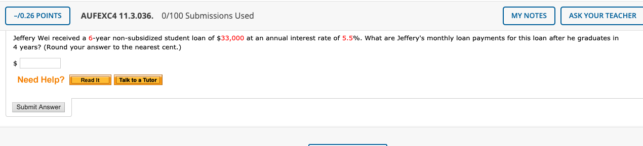 Solved -/0.26 POINTS AUFEXC4 11.3.036. 0/100 Submissions | Chegg.com
