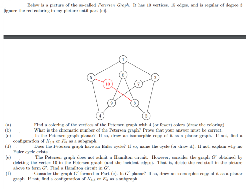 Solved Below is a picture of the so-called Petersen Graph. | Chegg.com