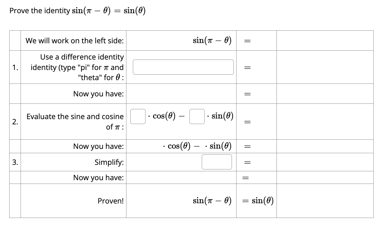 Solved cos(−4π−5t)=cos(5t+4π)sin(π−θ)=sin(θ)sin(α+β)+sin(α−β | Chegg.com