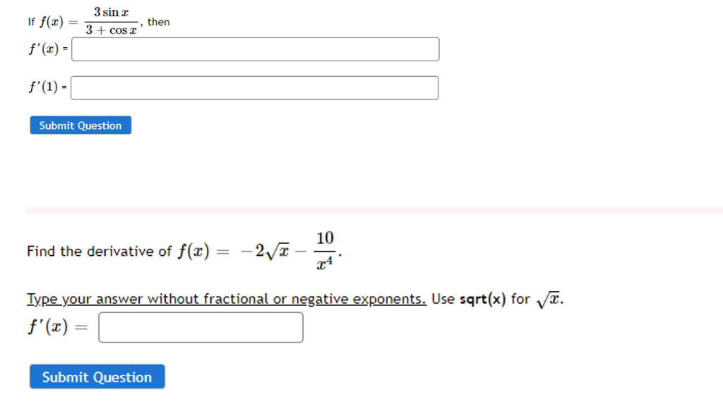 Solved If f(x)=3+cosx3sinx, then f′(x)= f′(1)= Find the | Chegg.com
