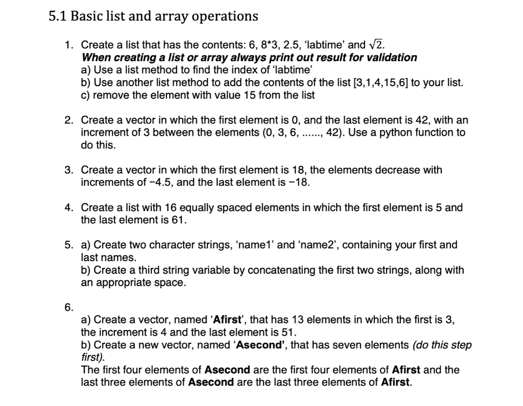 5.1 Basic list and array operations 1. Create a list | Chegg.com