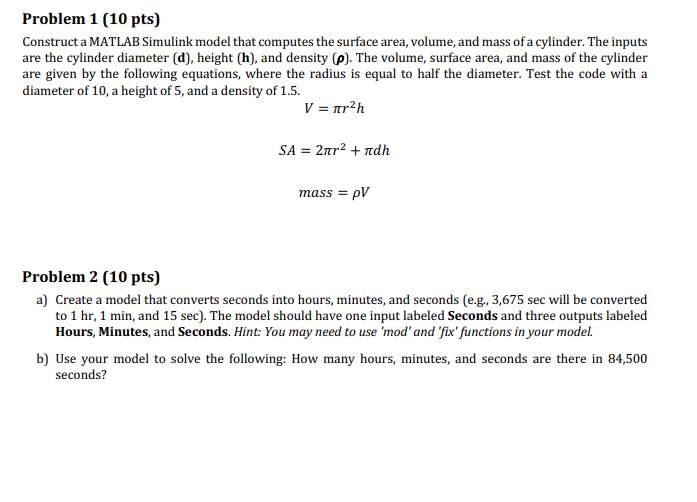 Solved Problem 1 (10 pts) Construct a MATLAB Simulink model | Chegg.com