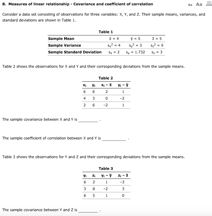Solved 8. Measures of linear relationship - Covariance and | Chegg.com