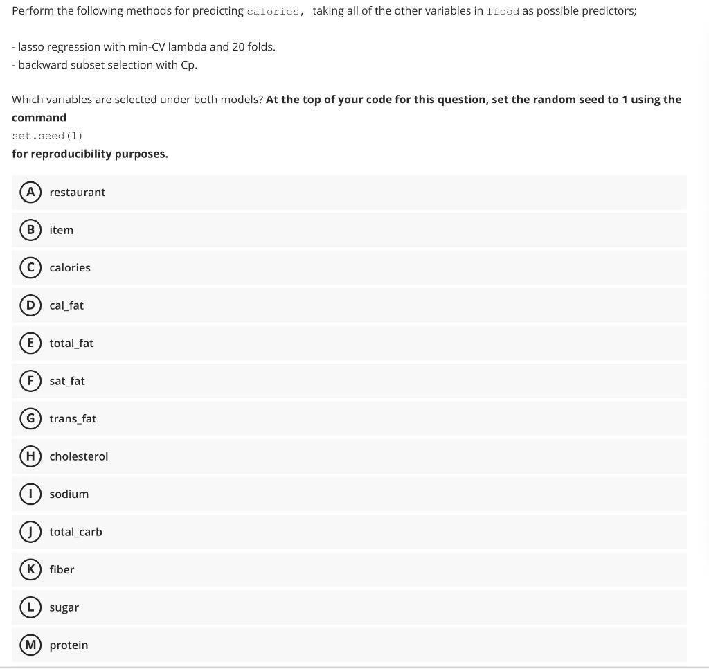 Solved Fast Food Analysis For the purposes of Questions 10 | Chegg.com