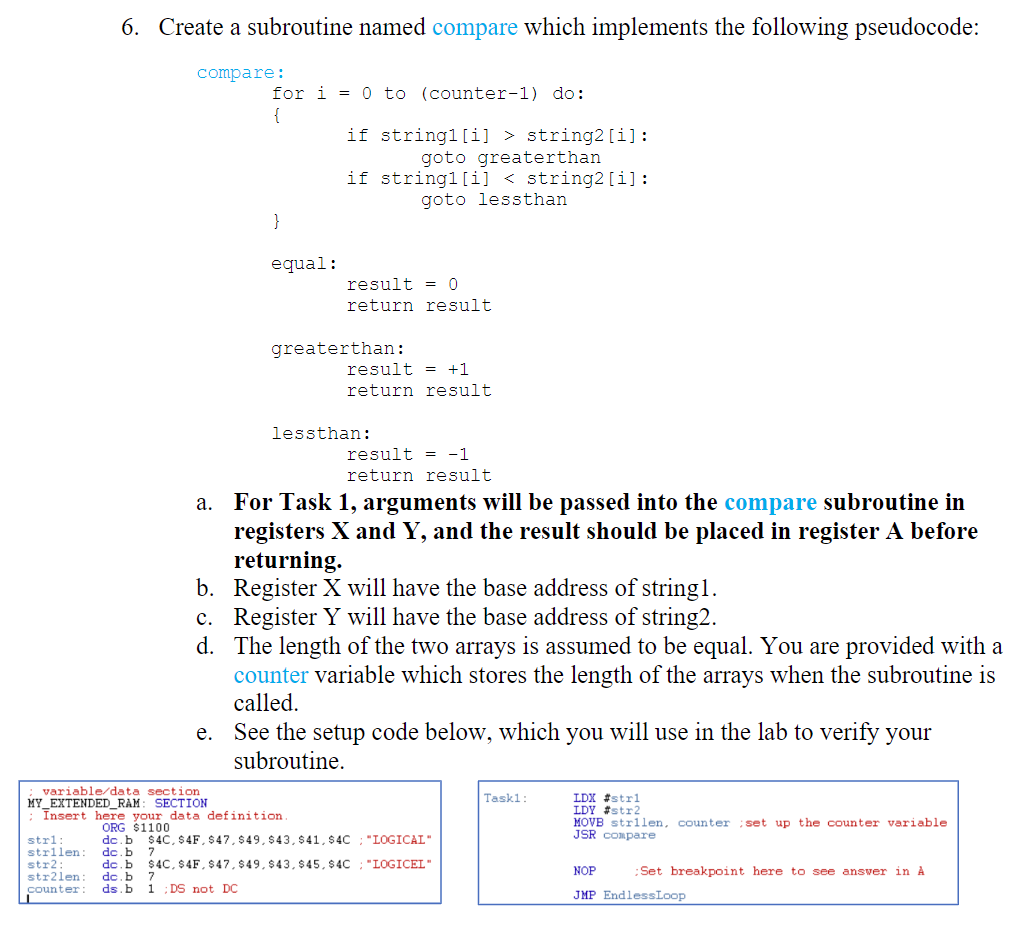 6. Create a subroutine named compare which implements | Chegg.com