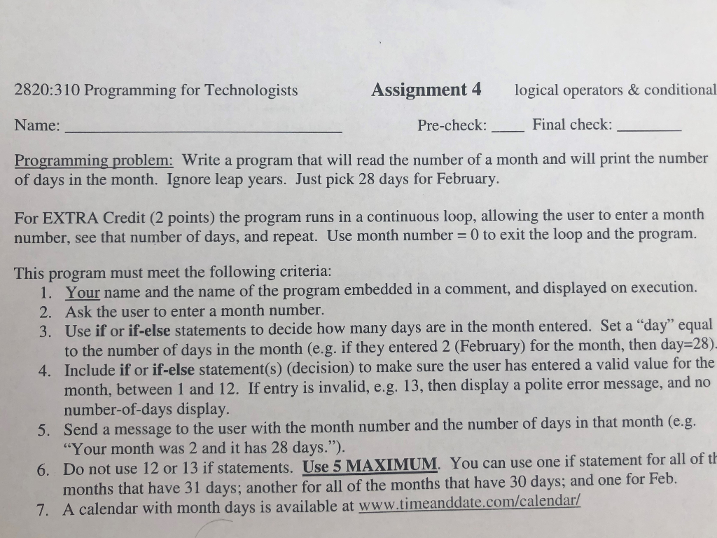Solved 2820:310 Programming for Technologists Assignment 4 | Chegg.com