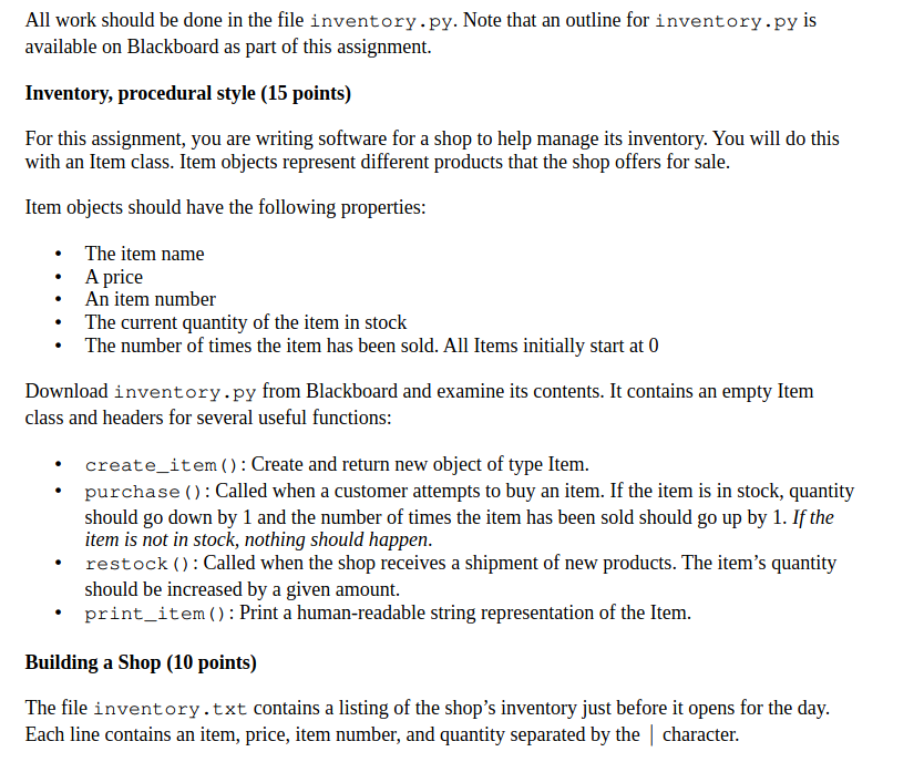 Solved All work should be done in the file inventory py. | Chegg.com