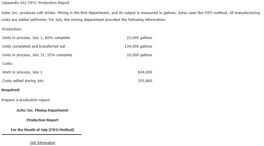 Solved (Appendix 6A) FIFO; Production Report Aztec Inc. | Chegg.com
