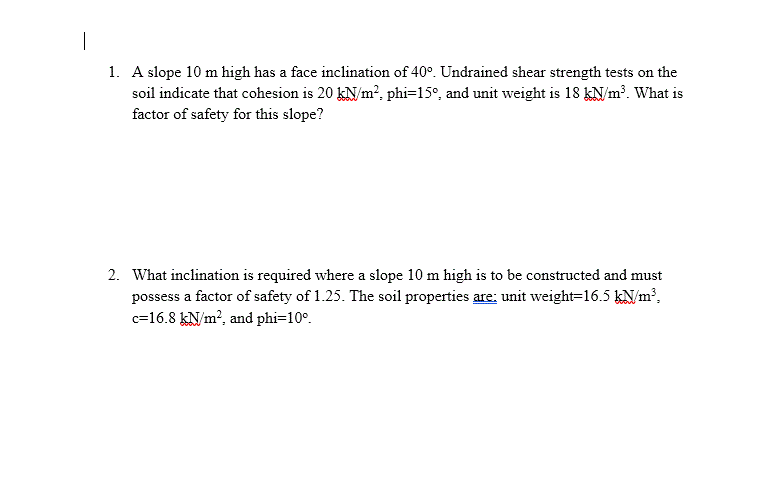 Solved 1. A slope 10 m high has a face inclination of 40°. | Chegg.com