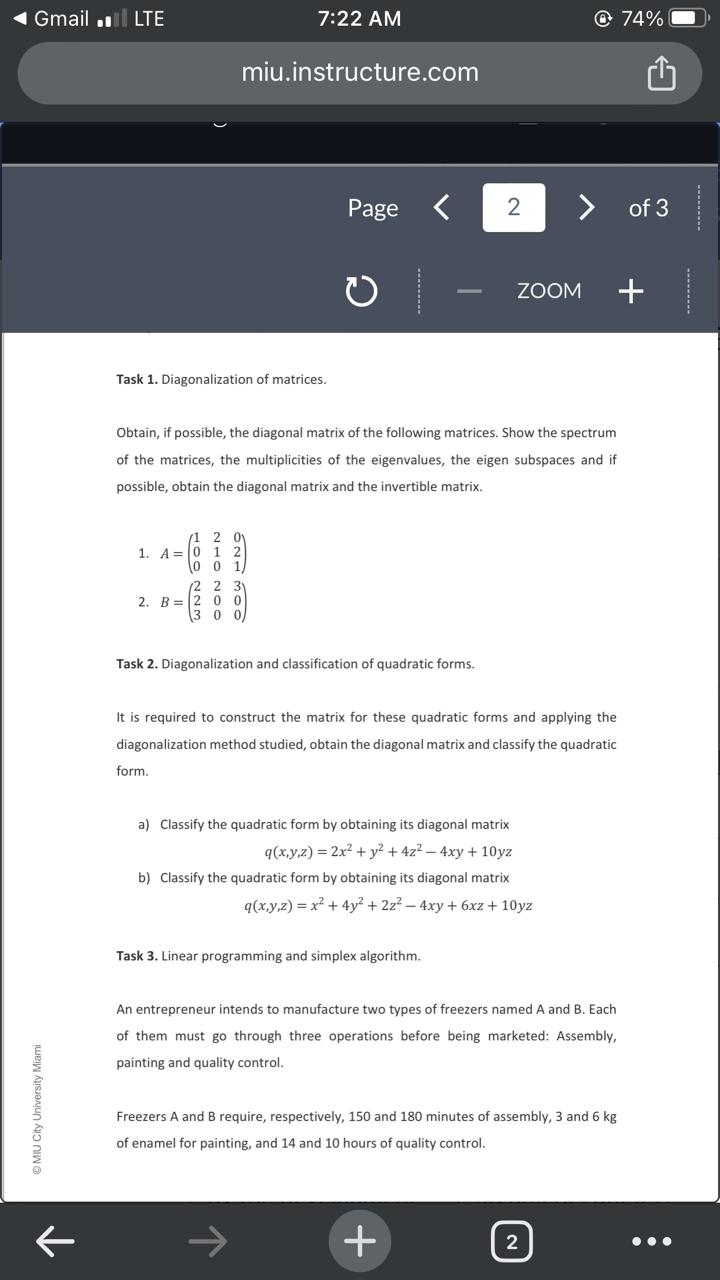 Task 1. Diagonalization of matrices. Obtain, if | Chegg.com