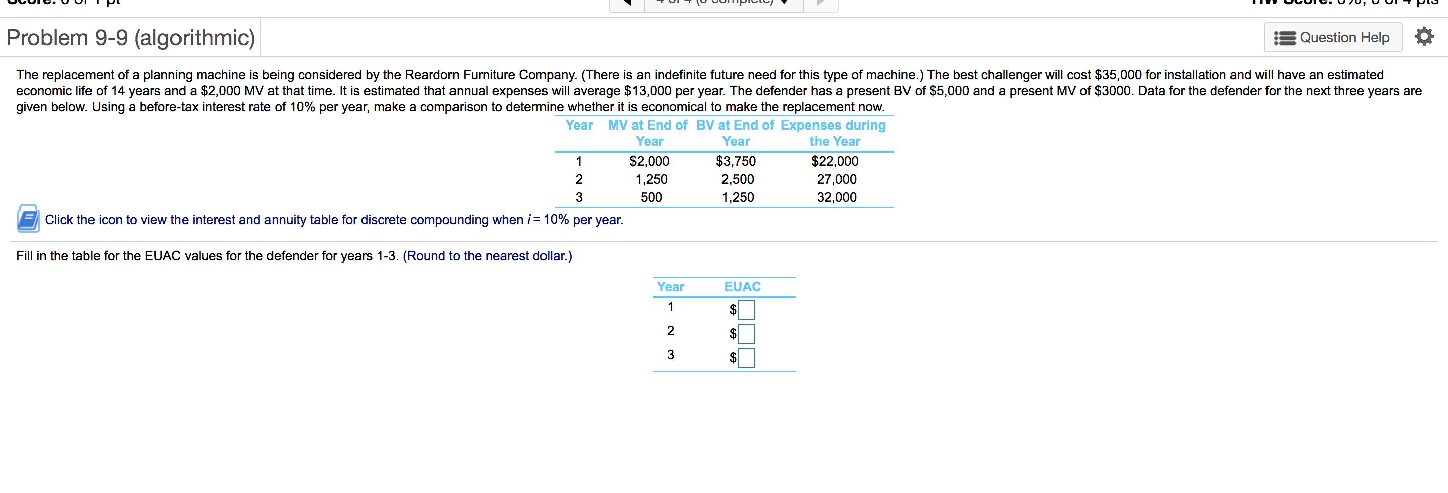 Solved Problem 9-9 (algorithmic) Question Help The | Chegg.com