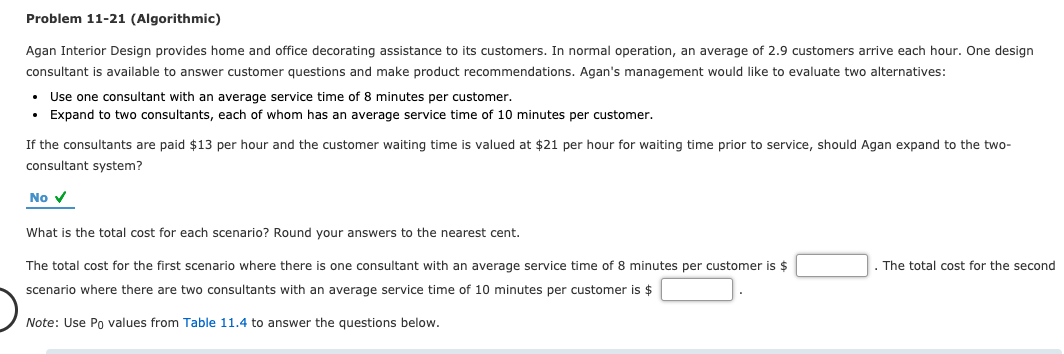 Solved Problem 11-21 (Algorithmic) Agan Interior Design | Chegg.com